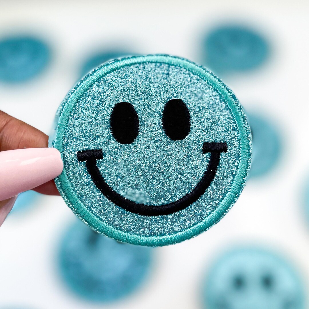 Smiley Face Patch Blue Smiley Patch Fun Iron-on Patch for Trucker Hats Blue Glitter Preppy Patch ...