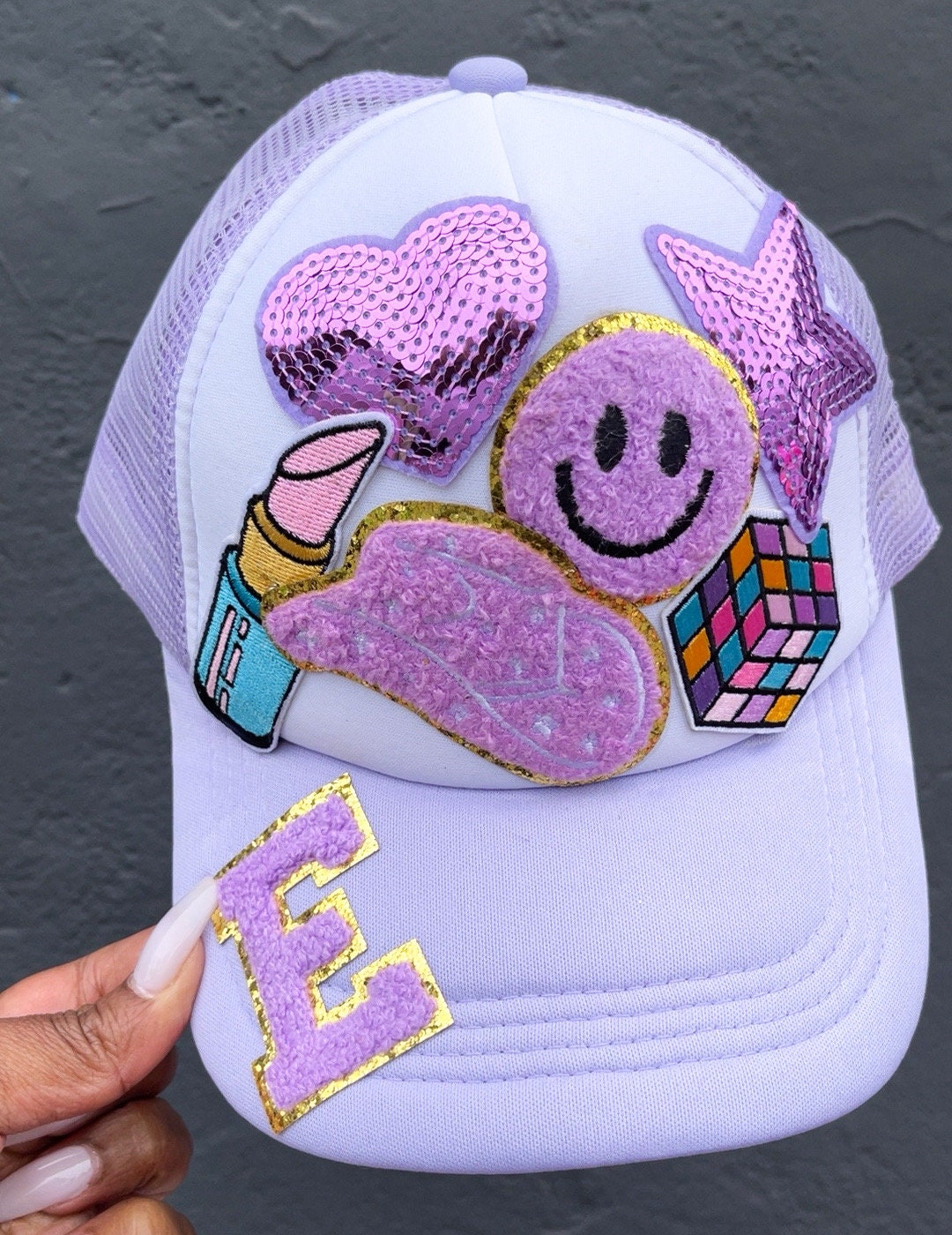 Smiley Trucker Hat With Patches Purple Western Hat Sequin Star Custom Trucker Cap Trendy Design ...