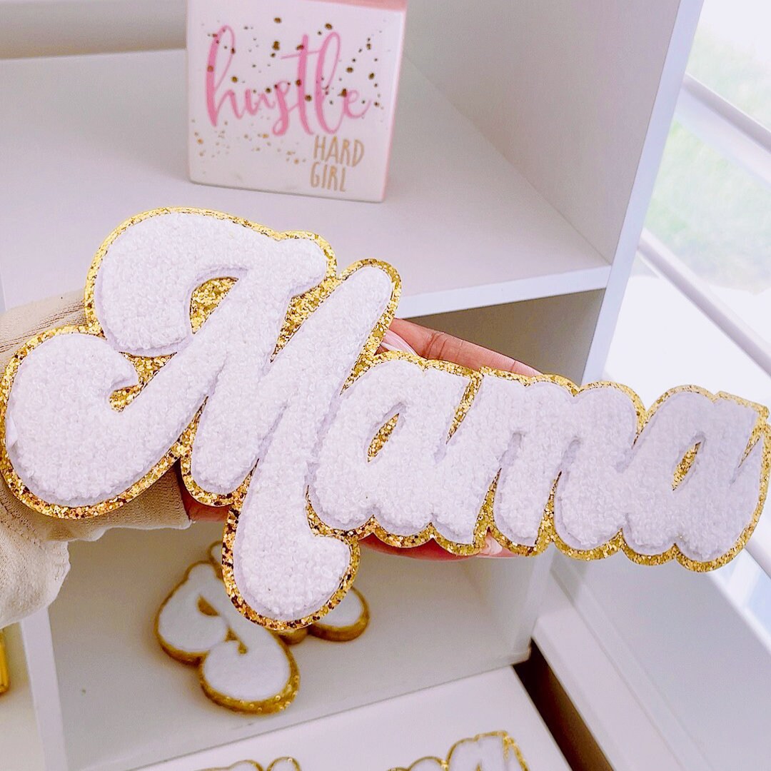 Mama White Chenille Patch Mama Patch With Gold Glitter Mama Cursive ...