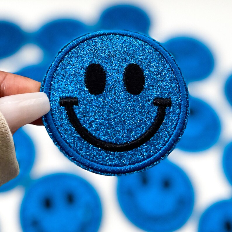 Smiley Face Patch Blue Smiley Patch Fun Iron-on Patch for Trucker Hats Blue Glitter Preppy Patch ...