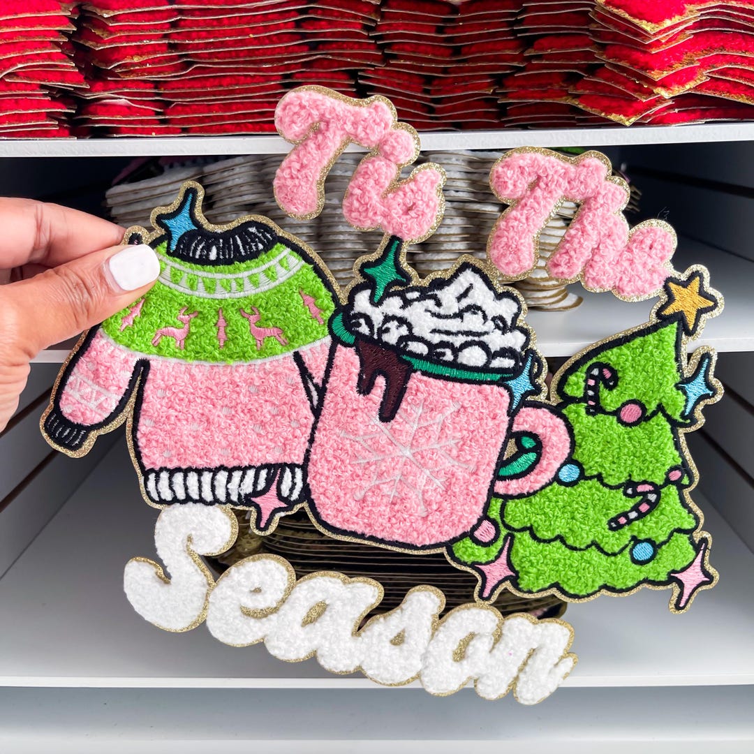 Pink Tis the Season Chenille Patch Christmas Patches Embroidered Iron ...