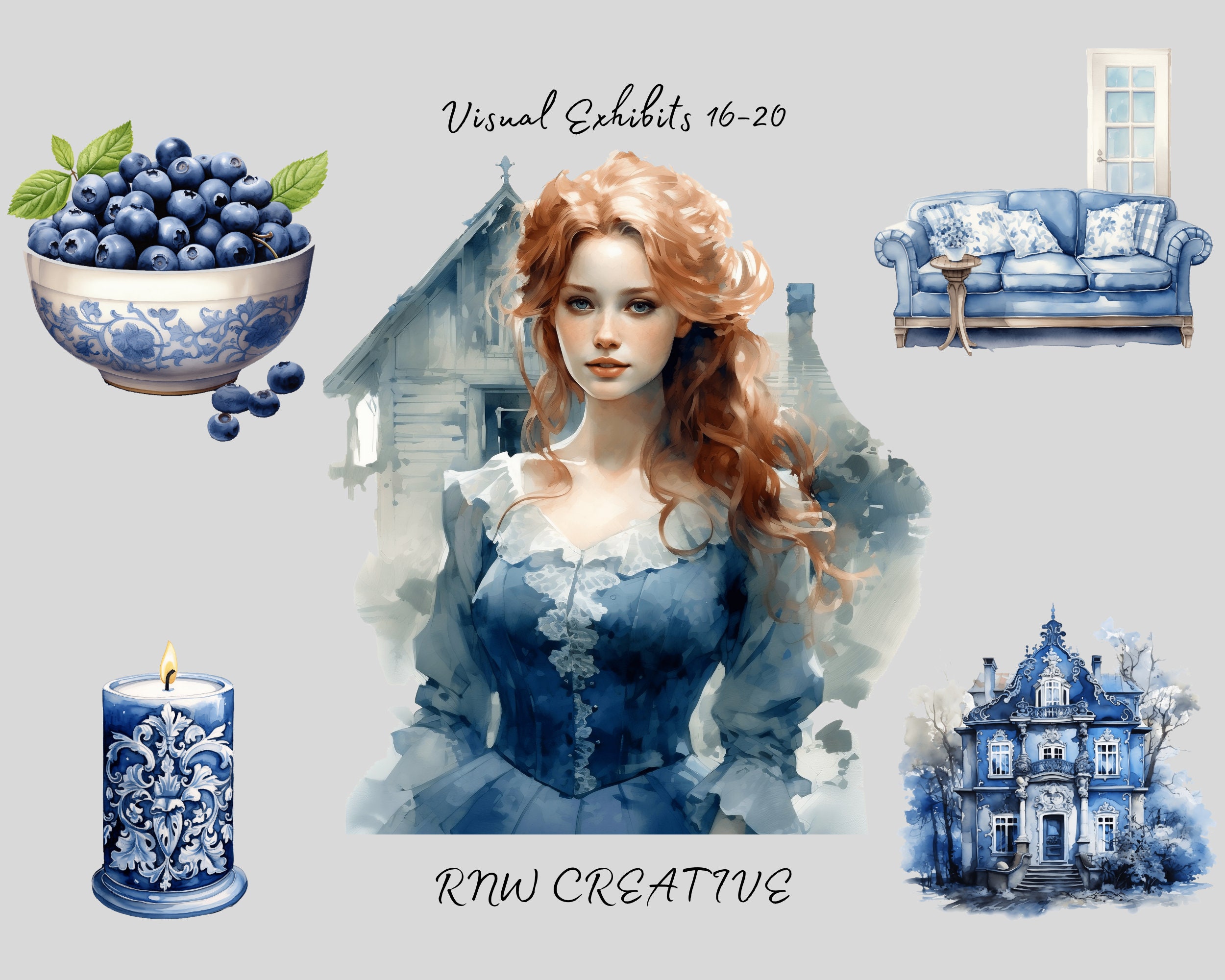 Farmhouse Clipart, Watercolor Delft Blue Cottage, PNG Bundle, Junk ...