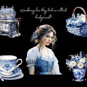 Farmhouse Clipart, Watercolor Delft Blue Cottage, PNG Bundle, Junk ...