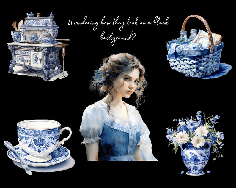 Farmhouse Clipart, Watercolor Delft Blue Cottage, PNG Bundle, Junk ...