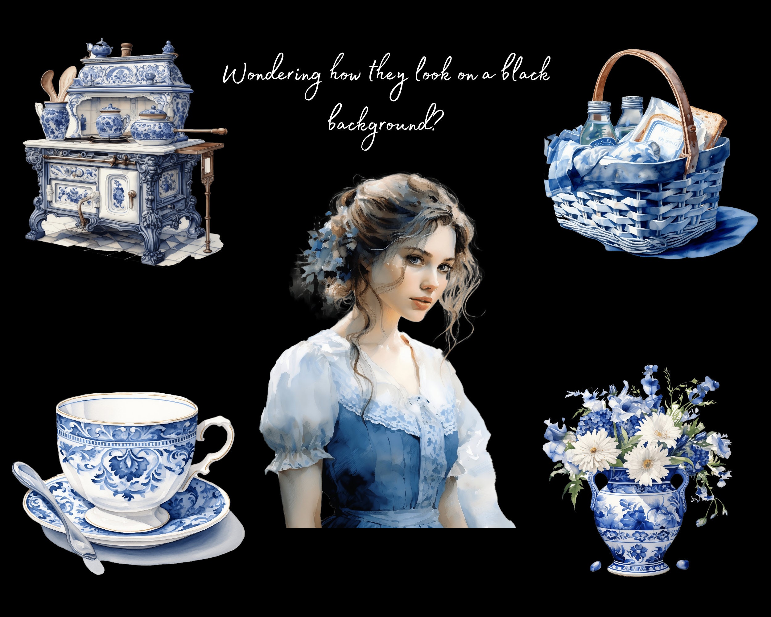 Farmhouse Clipart, Watercolor Delft Blue Cottage, PNG Bundle, Junk ...