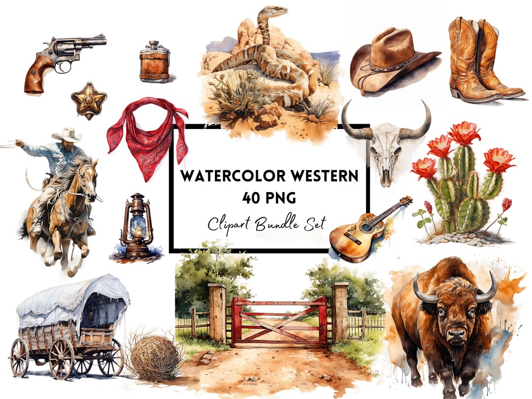 Watercolor Western Clipart - Wild West Bundle, Cowboy Set, Texas Horse ...