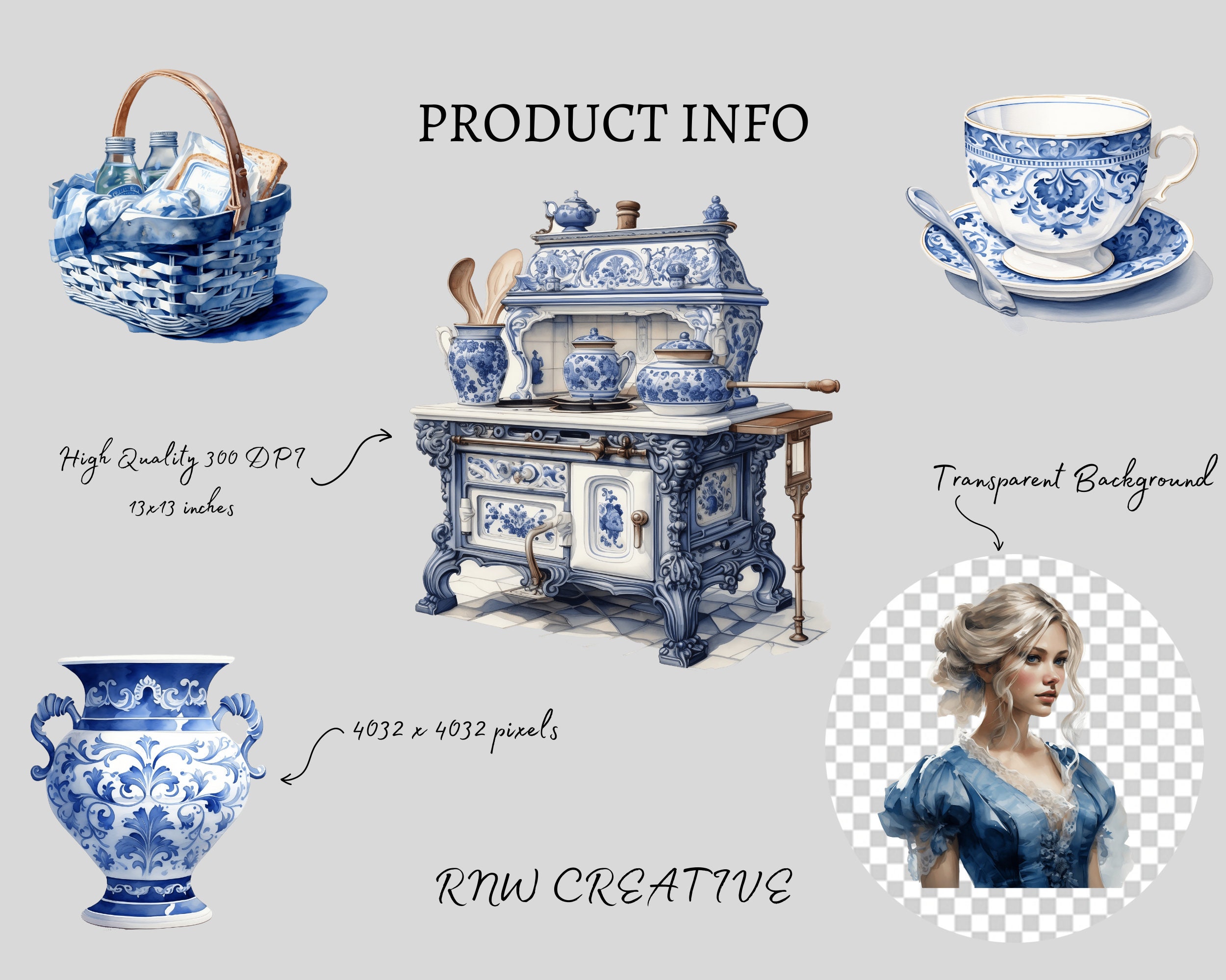 Farmhouse Clipart, Watercolor Delft Blue Cottage, PNG Bundle, Junk ...