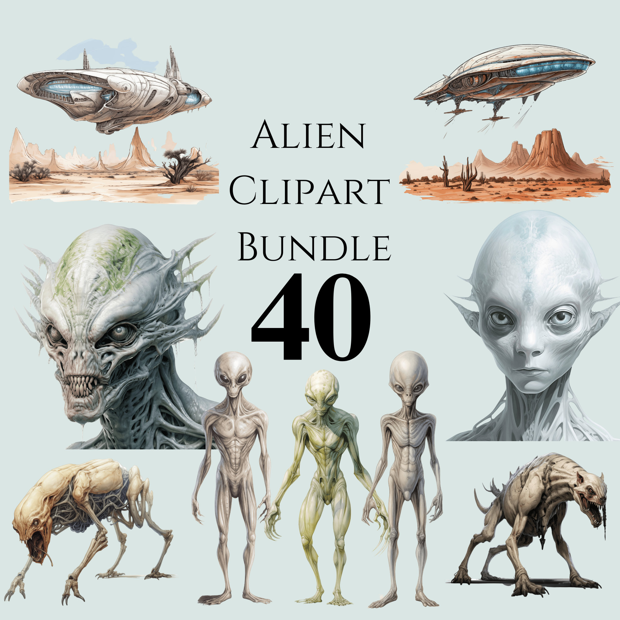 Alien Clipart Bundle | UFO, Alien Abduction, Flying Saucer, Galaxy ...