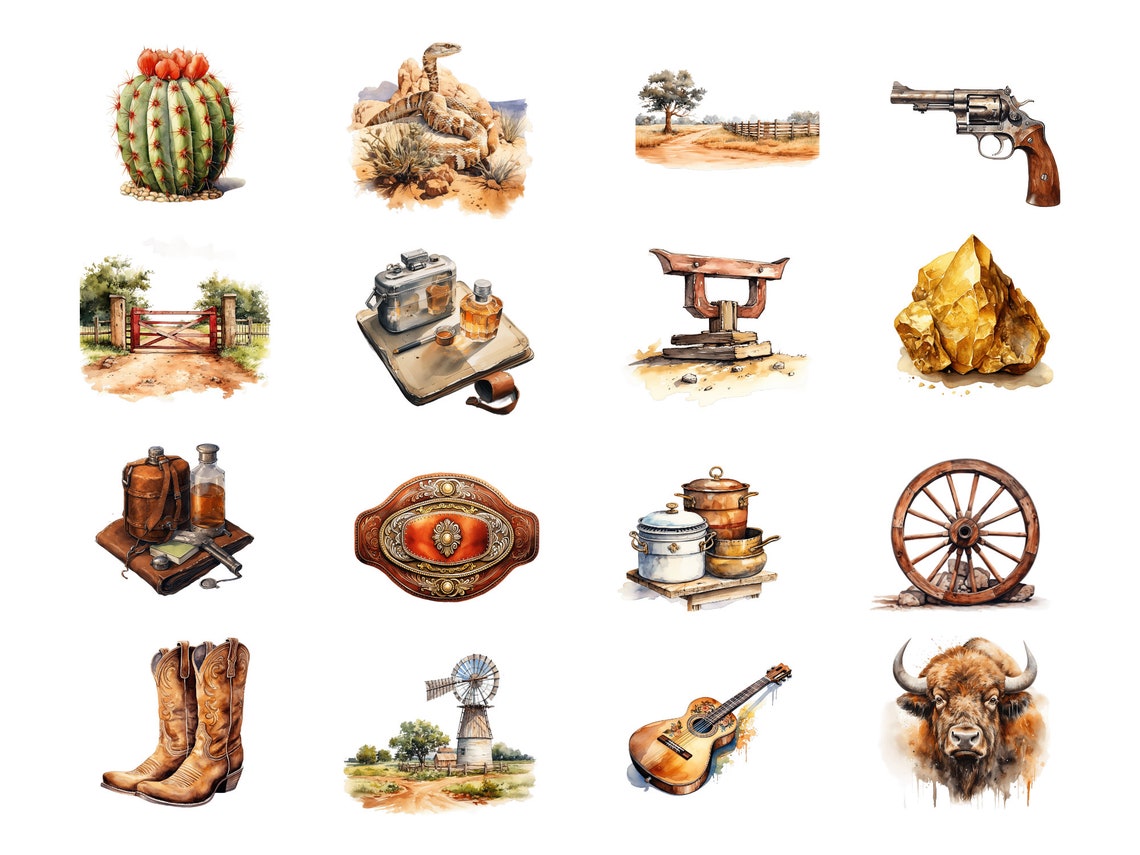 Watercolor Western Clipart Wild West Bundle, Cowboy Set, Texas Horse ...