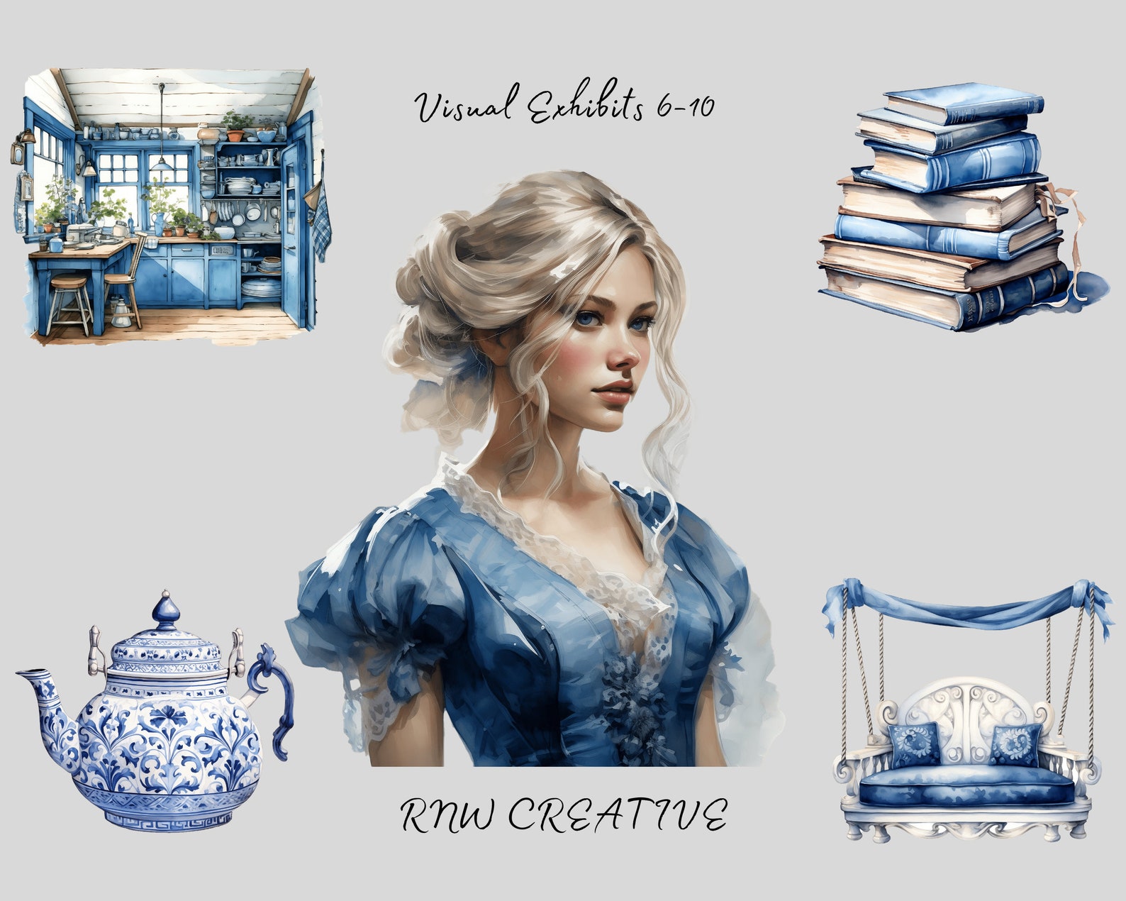 Farmhouse Clipart, Watercolor Delft Blue Cottage, PNG Bundle, Junk ...