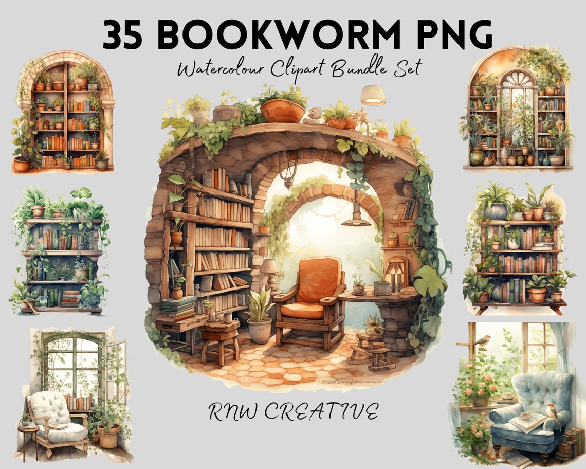 Watercolor Bookworm Clipart Cozy Reading Corner Bundle Aesthetic PNG ...