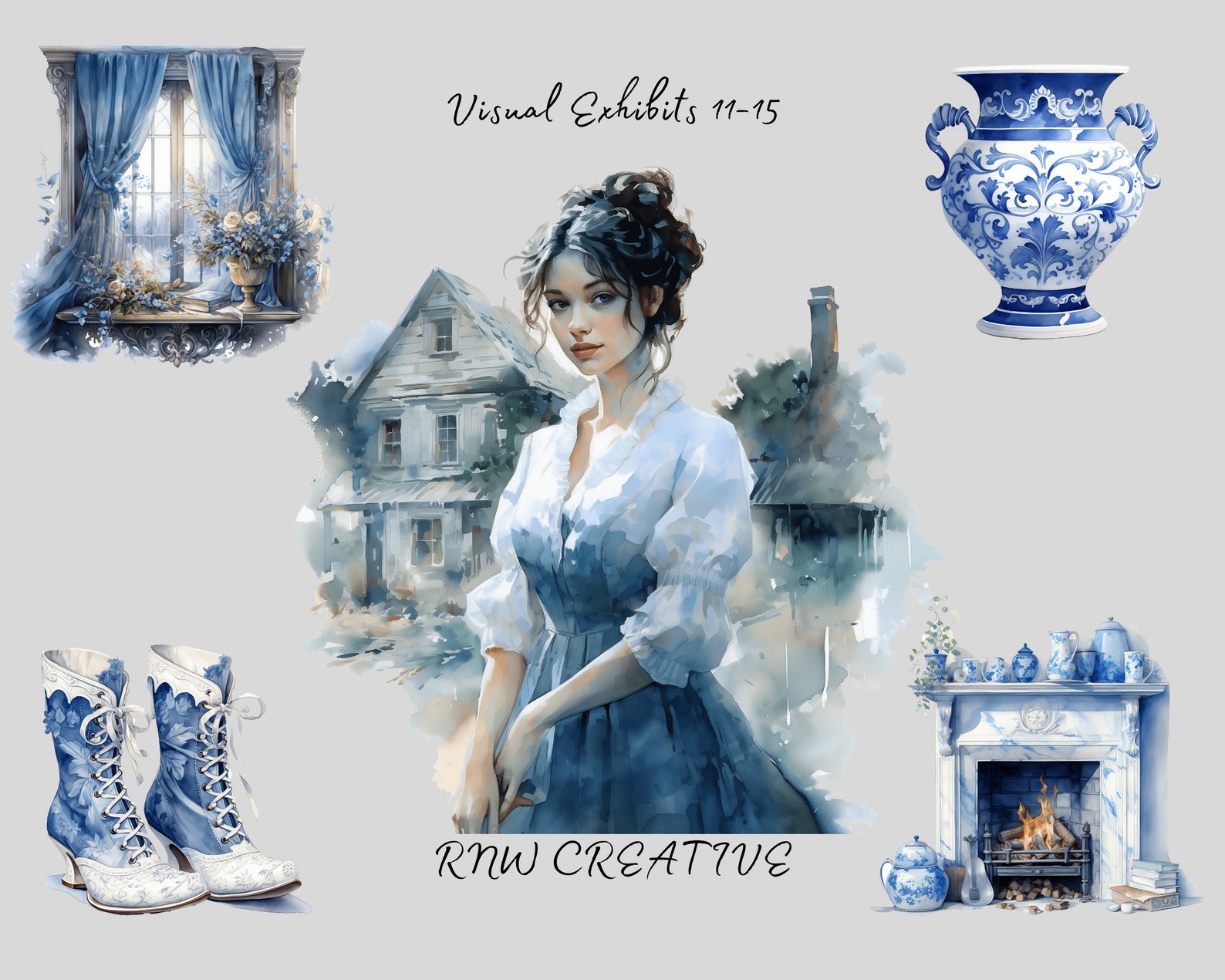 Farmhouse Clipart, Watercolor Delft Blue Cottage, PNG Bundle, Junk ...