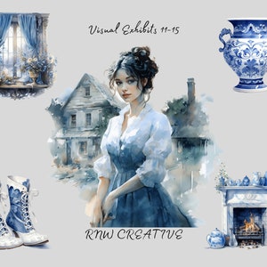 Farmhouse Clipart, Watercolor Delft Blue Cottage, PNG Bundle, Junk ...