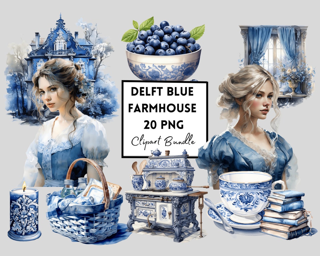 Farmhouse Clipart, Watercolor Delft Blue Cottage, PNG Bundle, Junk ...