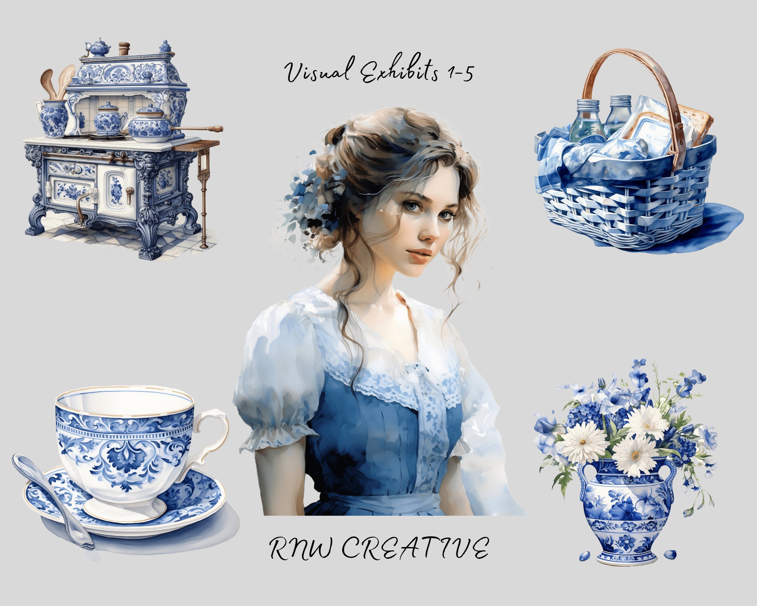 Farmhouse Clipart, Watercolor Delft Blue Cottage, PNG Bundle, Junk ...