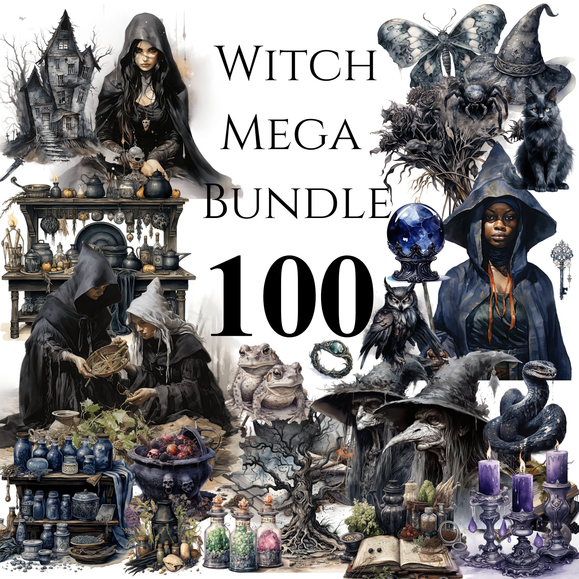 100 PCS Witch Clipart Bundle | PNG Gothic Witches | Pagan Witchcraft ...