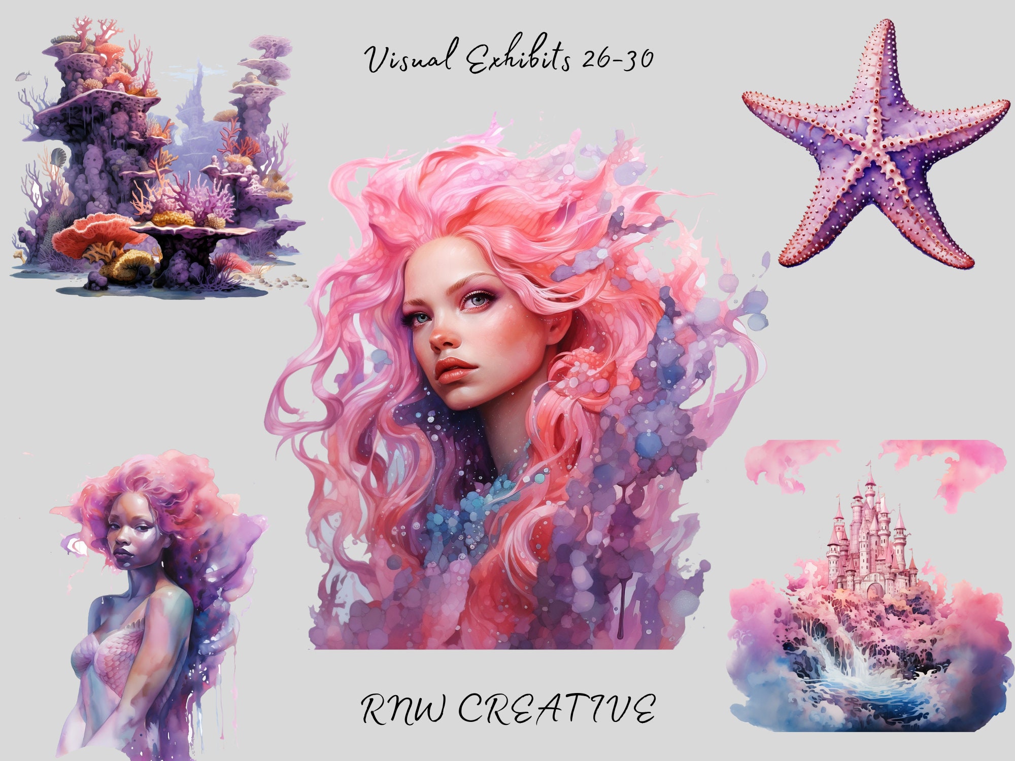 Mermaid Clipart Bundle Pink PNG Watercolor Illustrations - Etsy