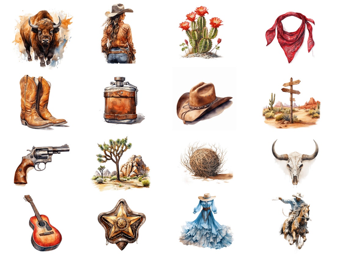 Watercolor Western Clipart Wild West Bundle, Cowboy Set, Texas Horse ...