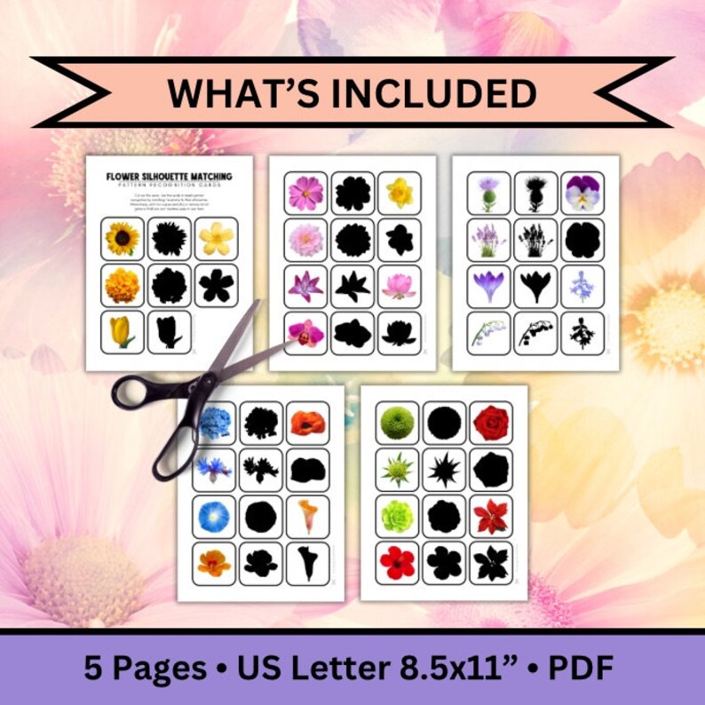 Flower Silhouette Matching Cards, Spring Card Game, Activity, Pattern ...
