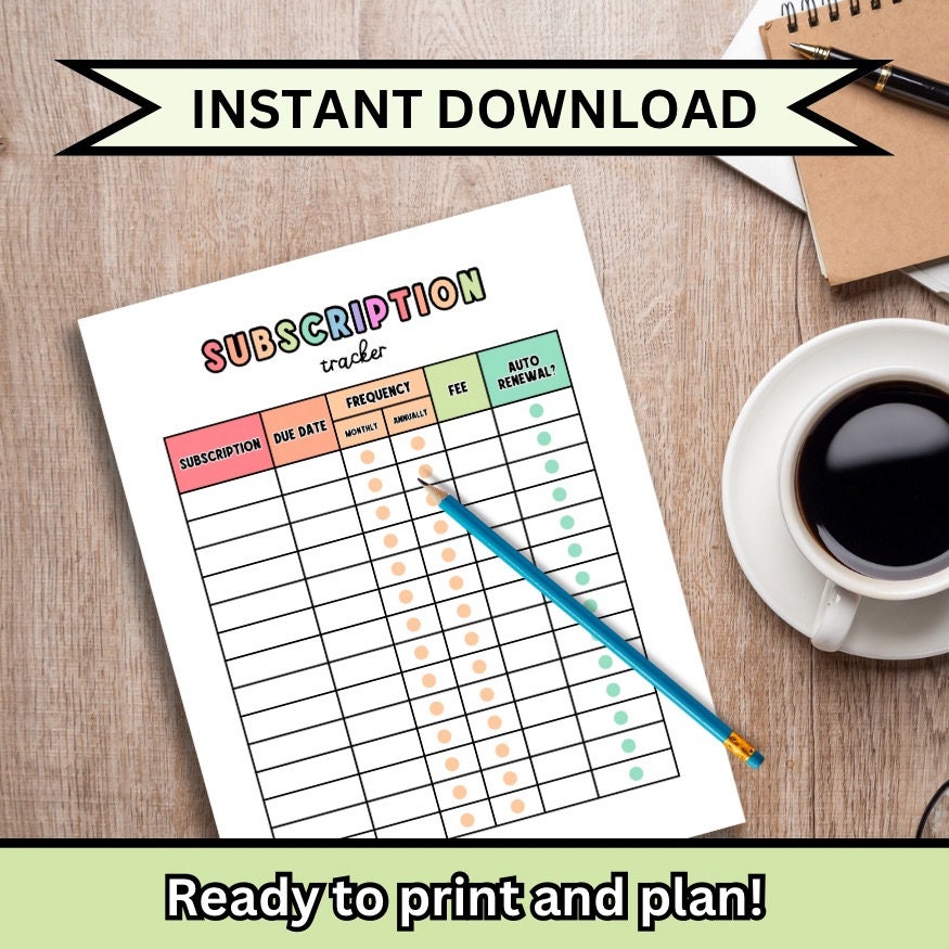 Subscription Tracker Printable, Membership Tracker, Subscription Log ...
