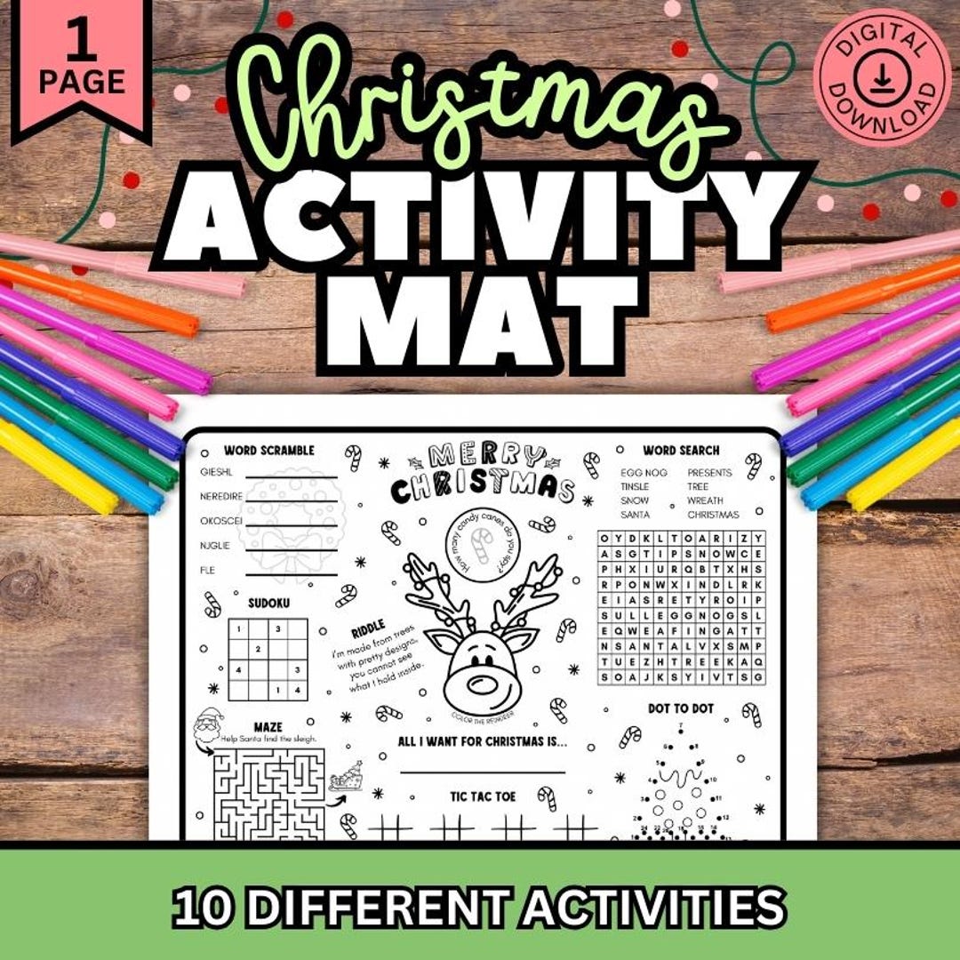 Christmas Activity Mat, Party Games, Riddle, Placemat, Coloring Page ...