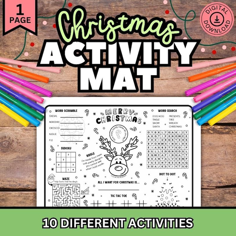 Christmas Activity Mat, Party Games, Riddle, Placemat, Coloring Page ...