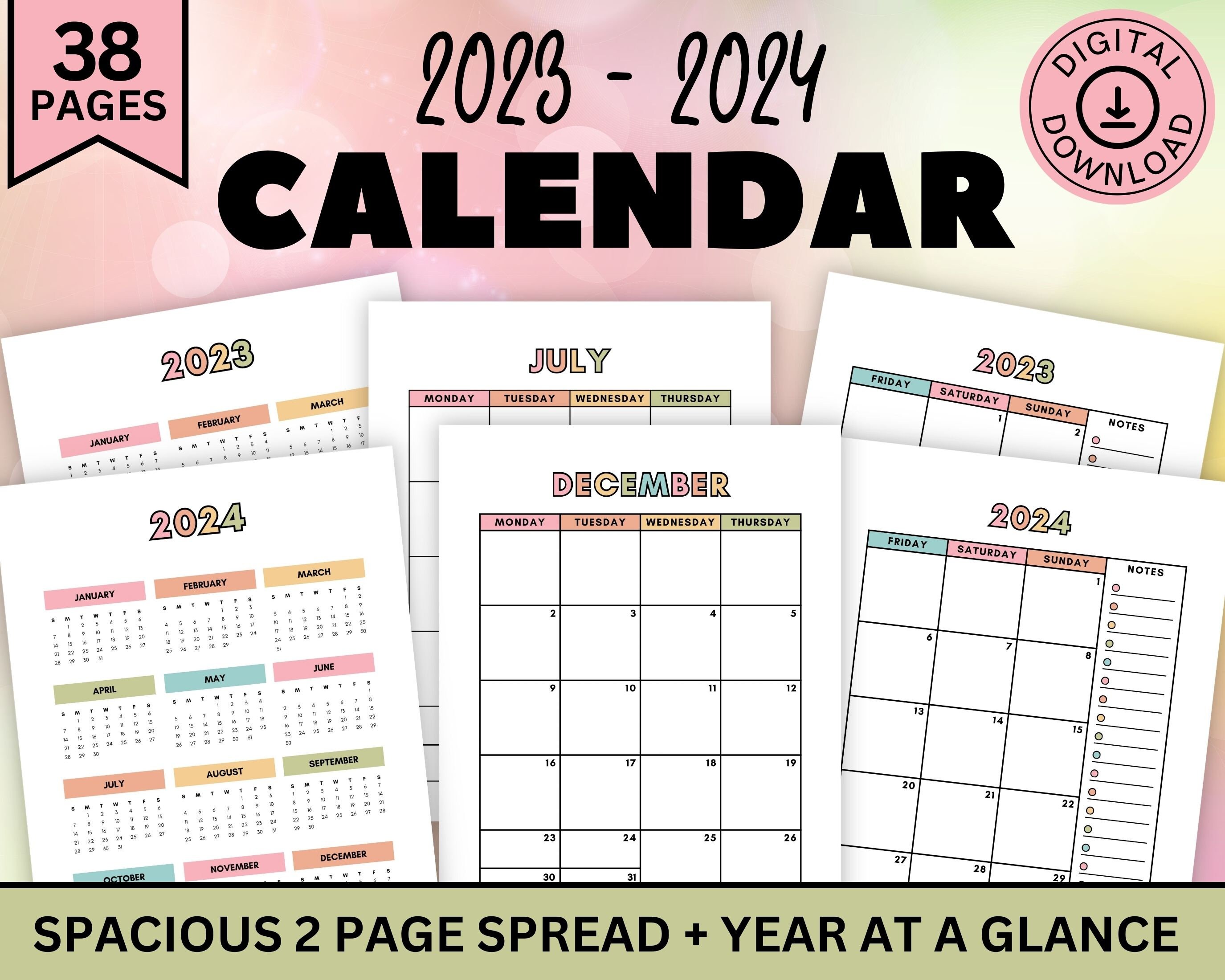 2 Page Monthly Calendar Spread, 2023 2024, Monthly Calendar Planner ...
