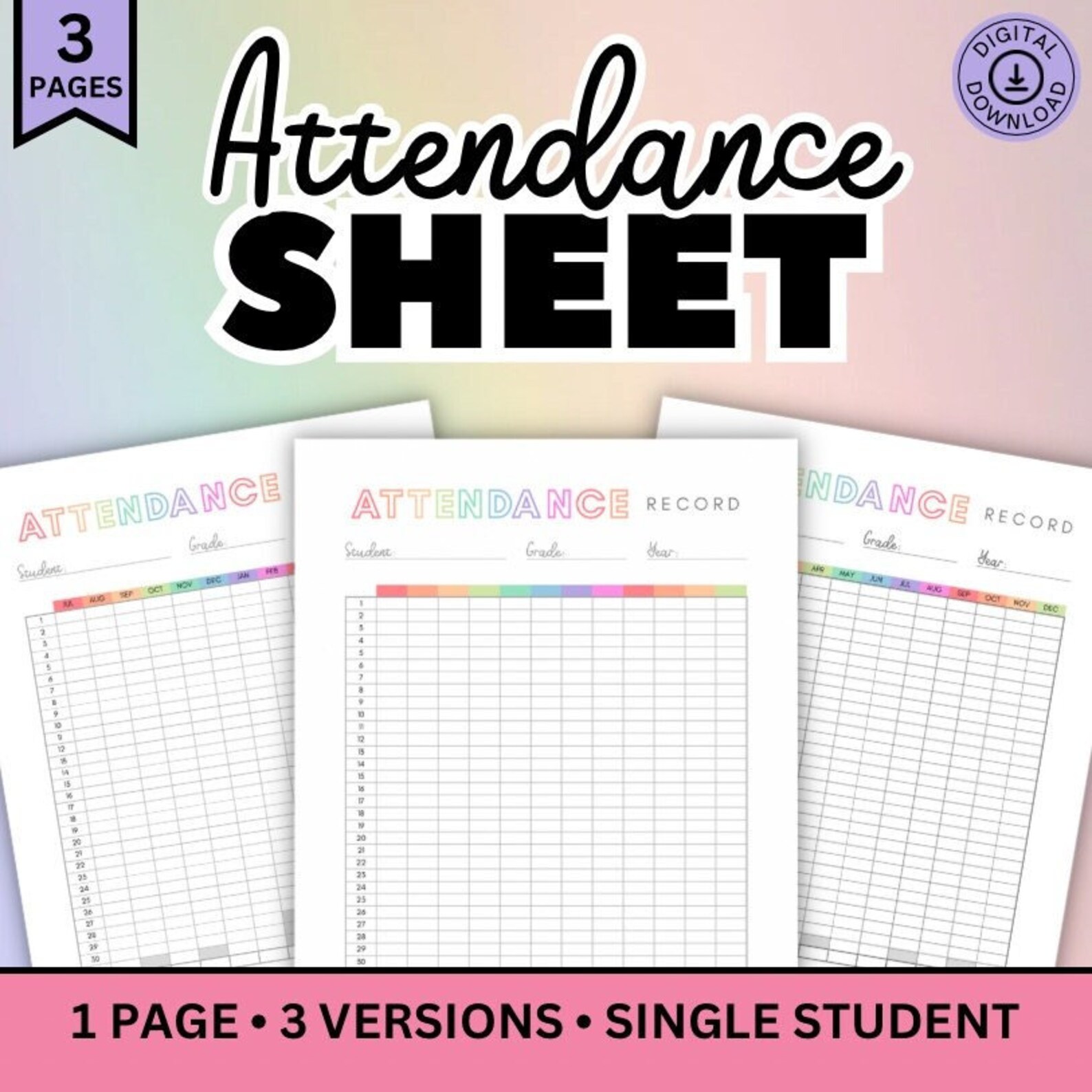 Attendance Sheet, Single Student, Homeschool Planner Pages, Attendance ...