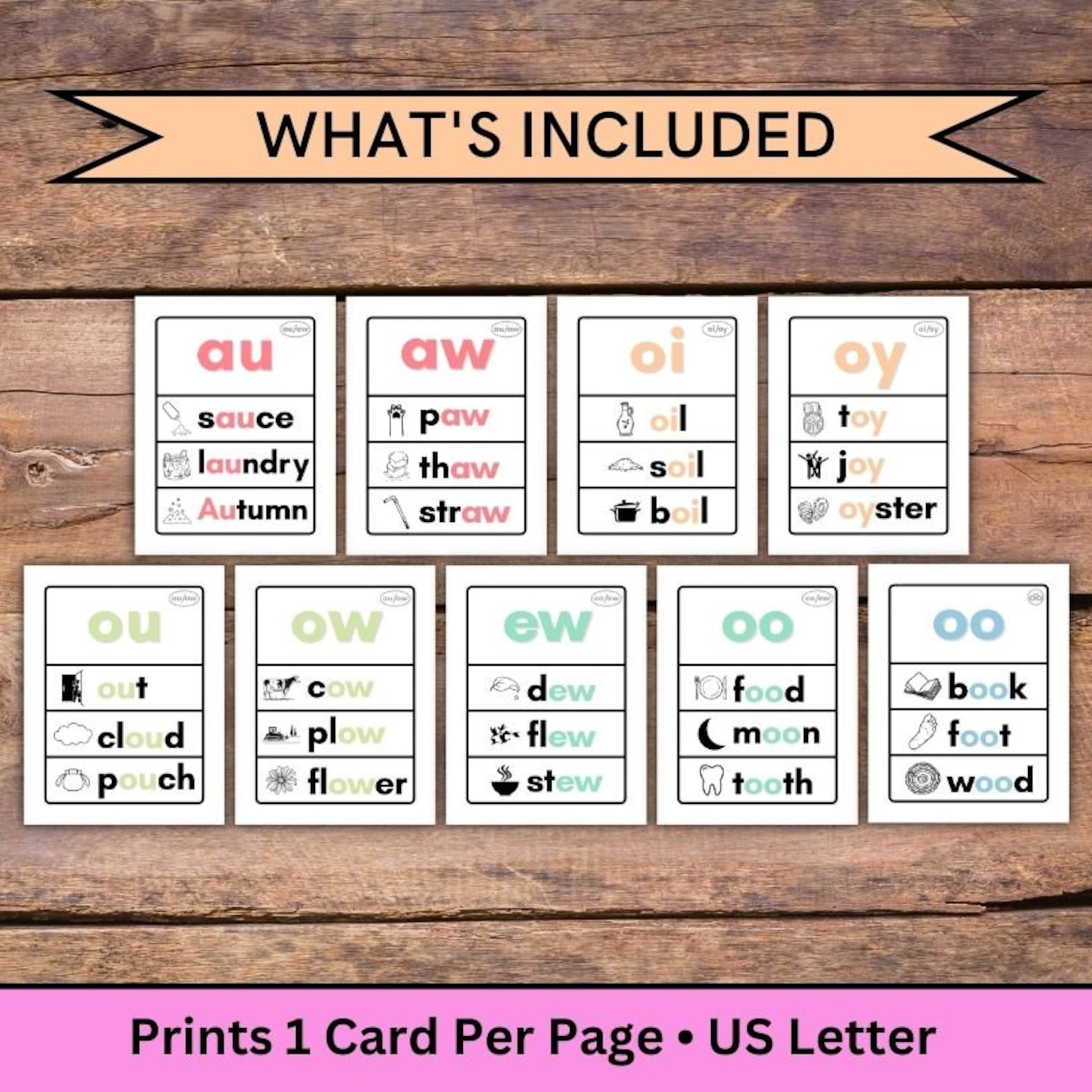 Diphthong Flash Cards Printable, Diphthong Chart, Word Wall, Classroom ...