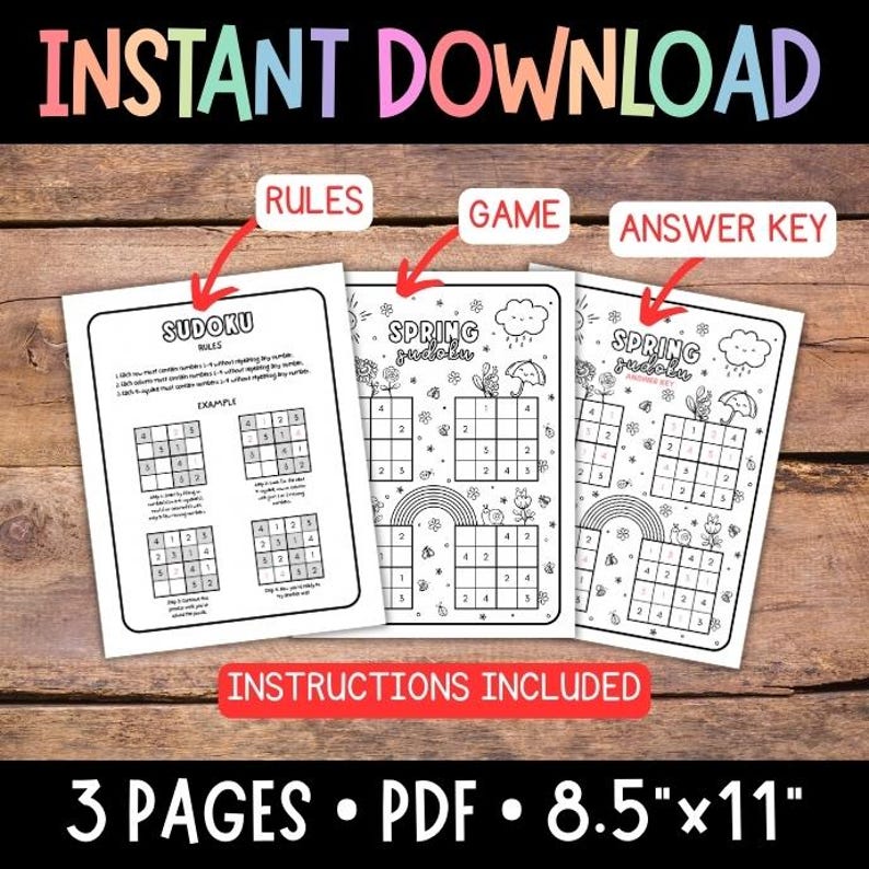 Spring Sudoku Puzzle, Beginner Math Game for Kids (PDF) - Etsy