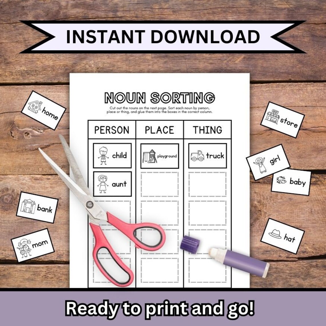 Nouns Sorting, Nouns Worksheet, Parts of Speech Worksheet, Cut and ...