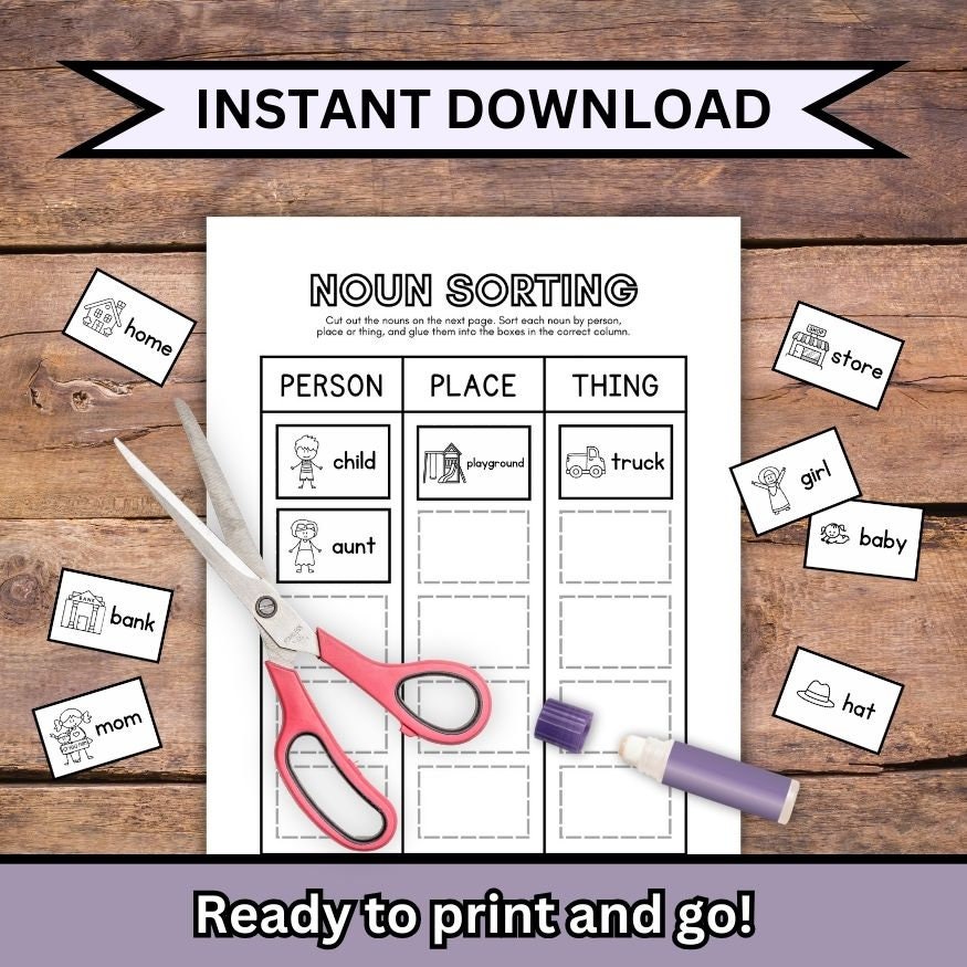 Nouns Sorting, Nouns Worksheet, Parts of Speech Worksheet, Cut and ...