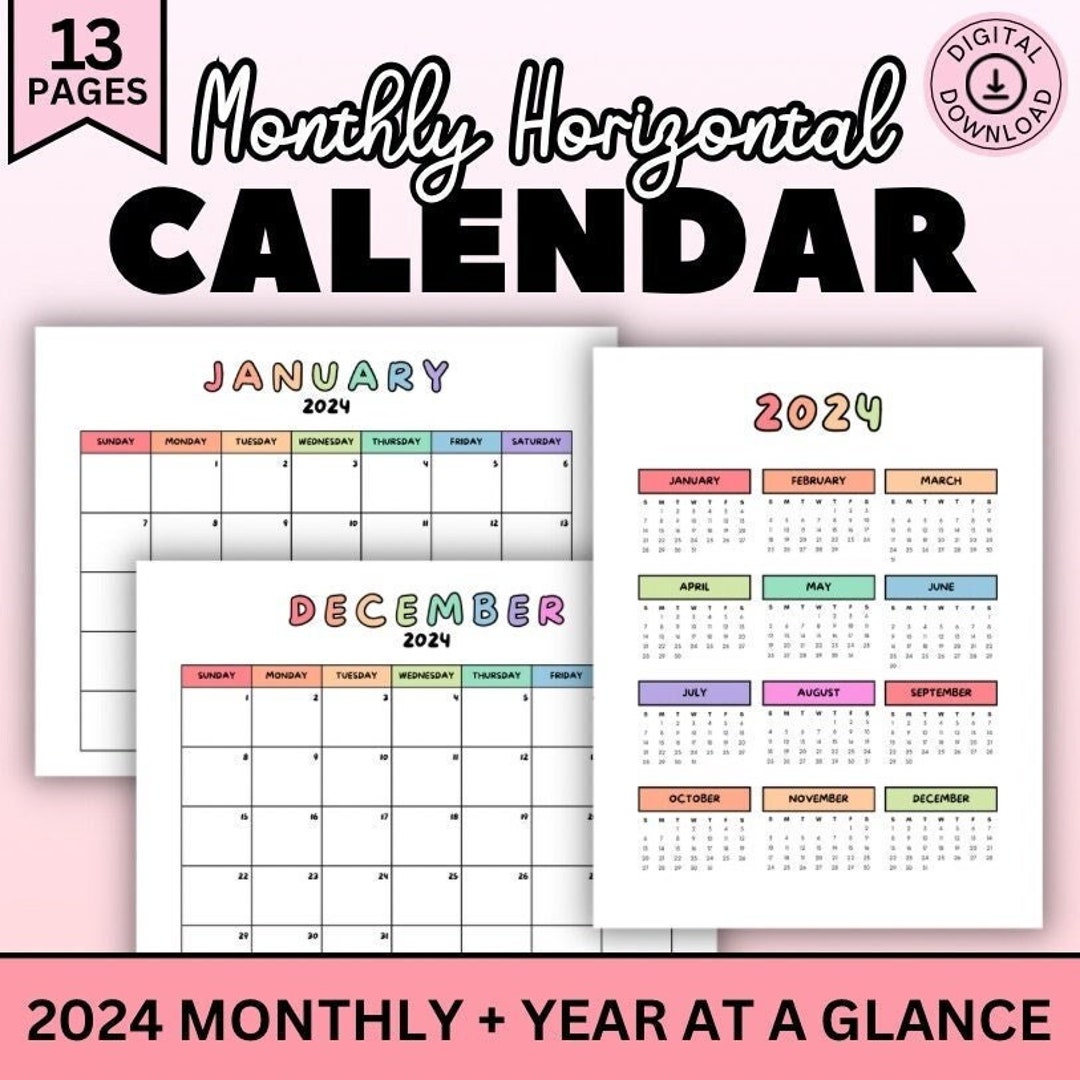 2024 Calendar Printable, Horizontal Calendar 2024, 12 Month Calendar ...