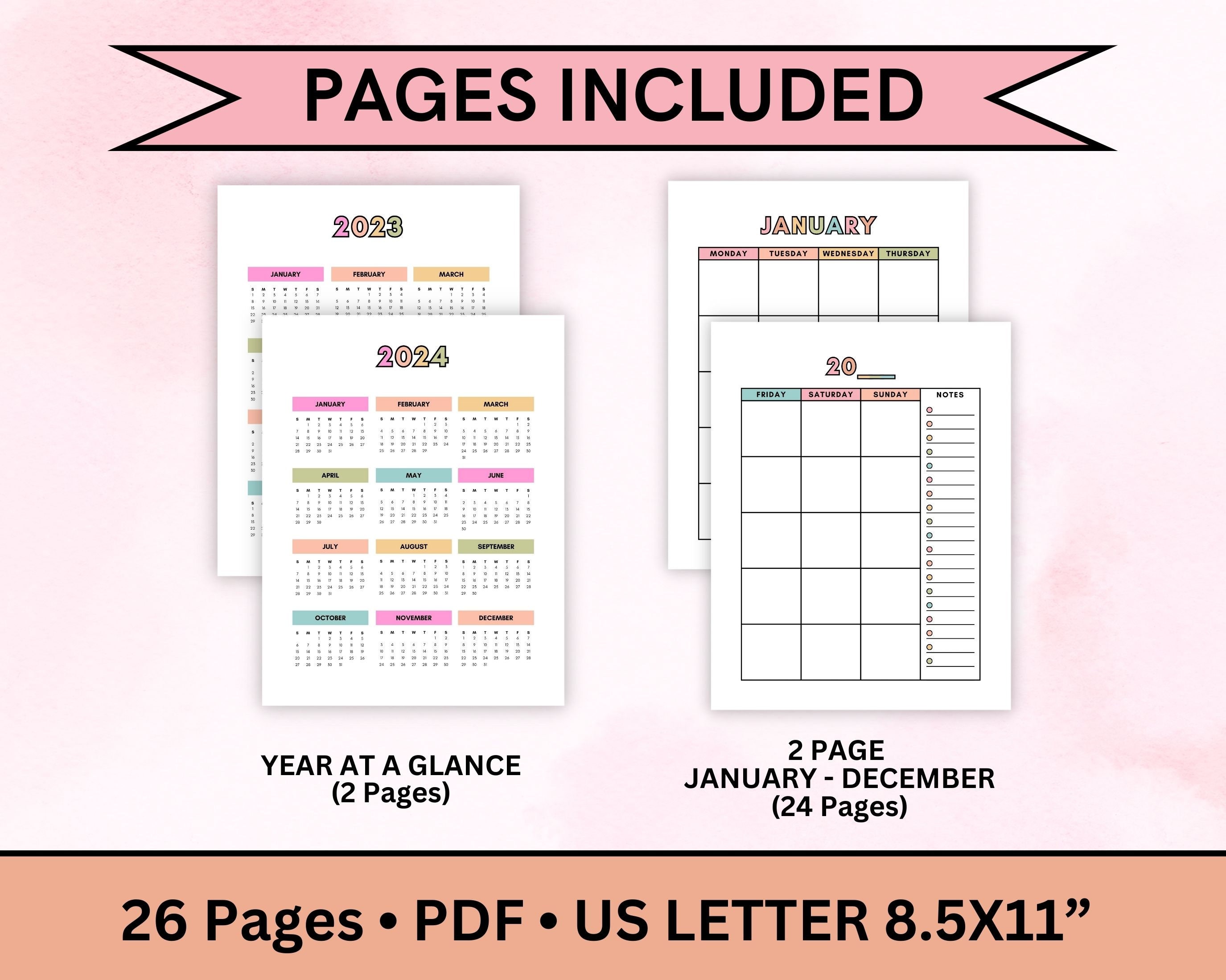 2 Page Monthly Calendar Spread 2023 2024 Monthly Calendar - Etsy