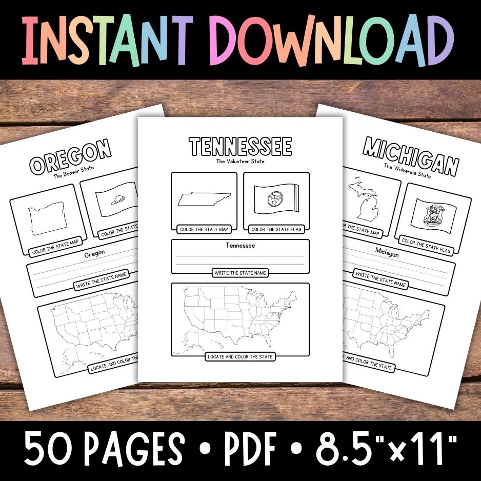 50 States Worksheets, United States Coloring Pages, Writing State Name ...