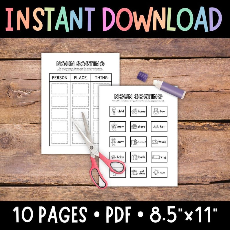Nouns Sorting Worksheet, Cut and Paste Grammar Activity, Parts of ...