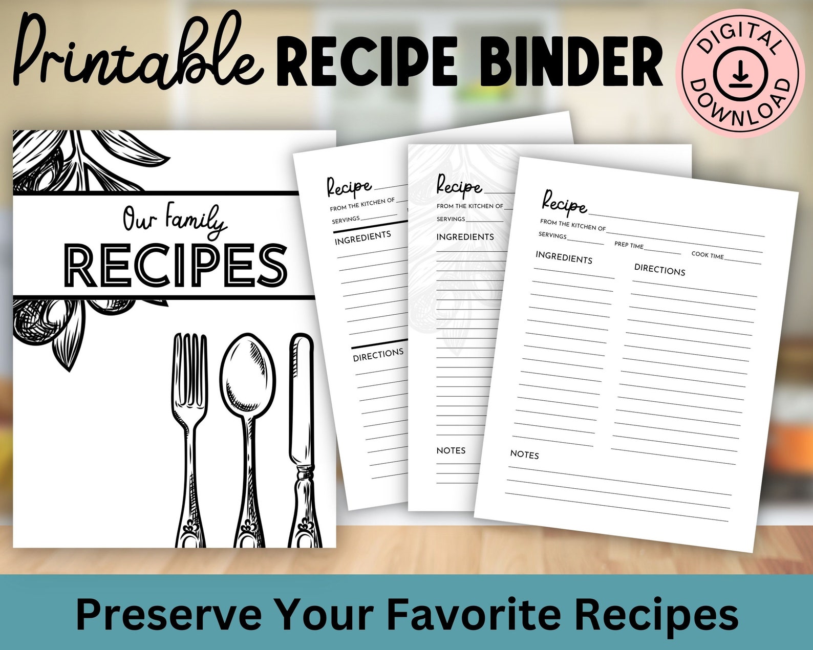 Recipe Book Printable, Recipe Binder, Family Cookbook Printable, Recipe ...