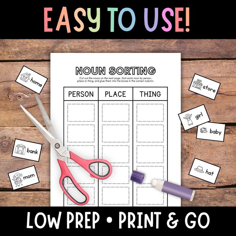 Nouns Sorting Worksheet, Cut and Paste Grammar Activity, Parts of ...