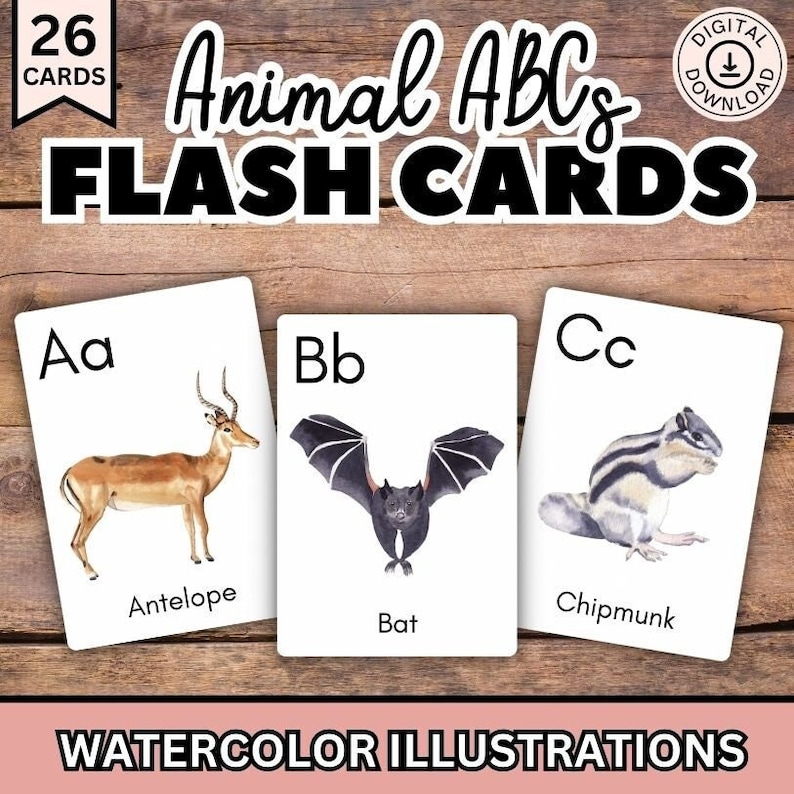 Watercolor Animal Alphabet Flash Cards for Kids, Preschool Flash Cards ...
