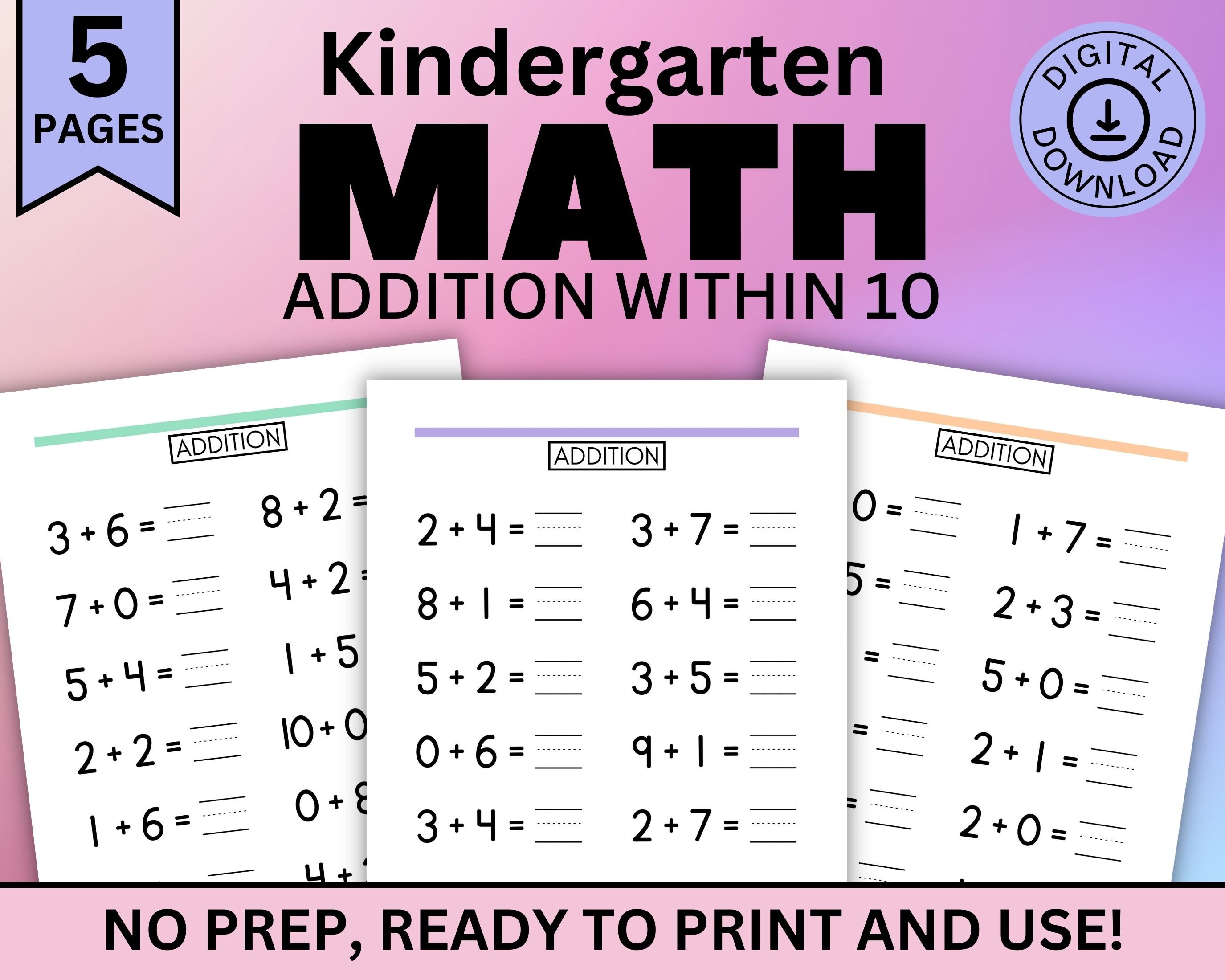 Kindergarten Math Worksheets Addition Within 10 Kindergarten - Etsy