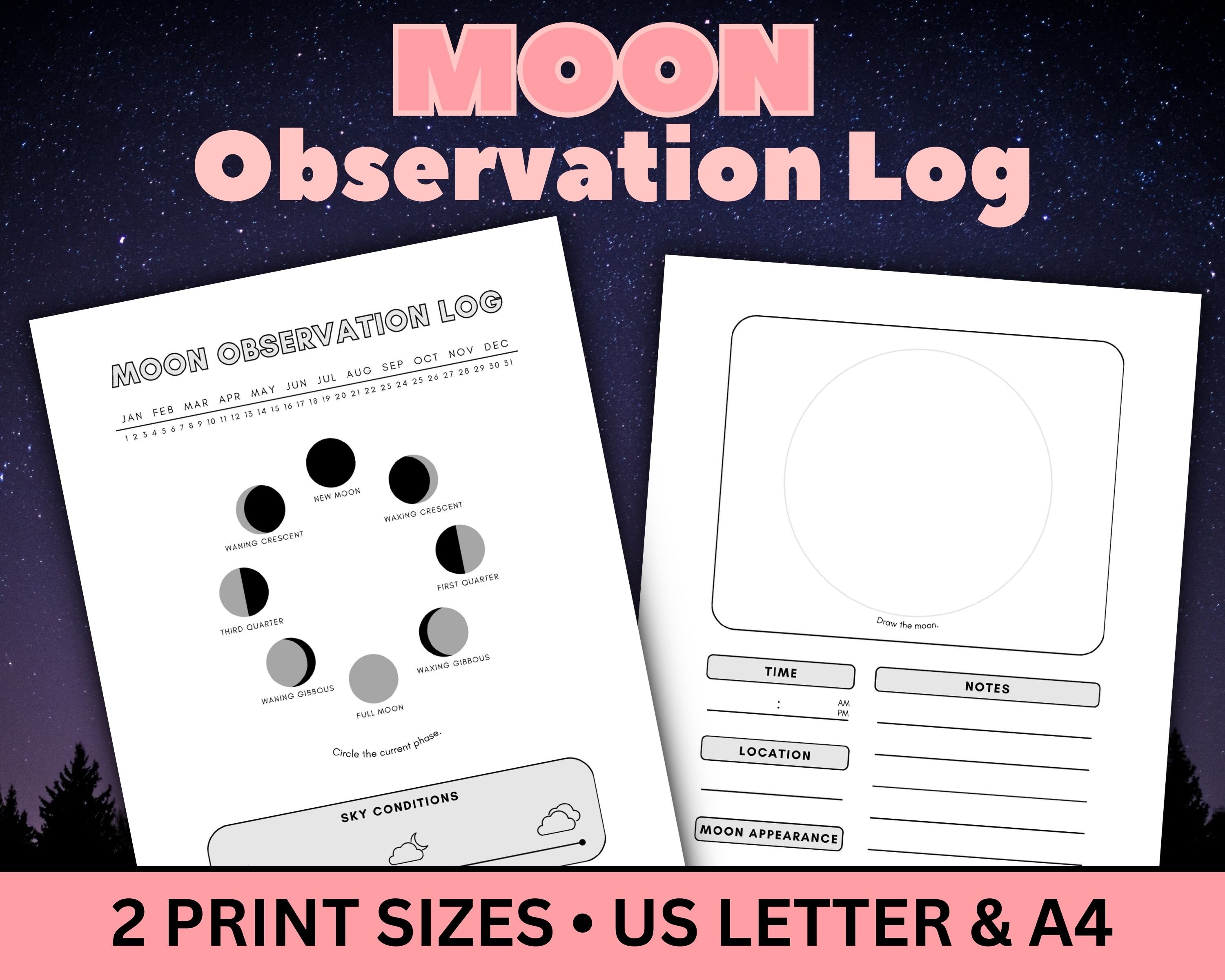 Moon Observation Log, Lunar Diary, Moon Log Book, Moon Gazing, Moon ...