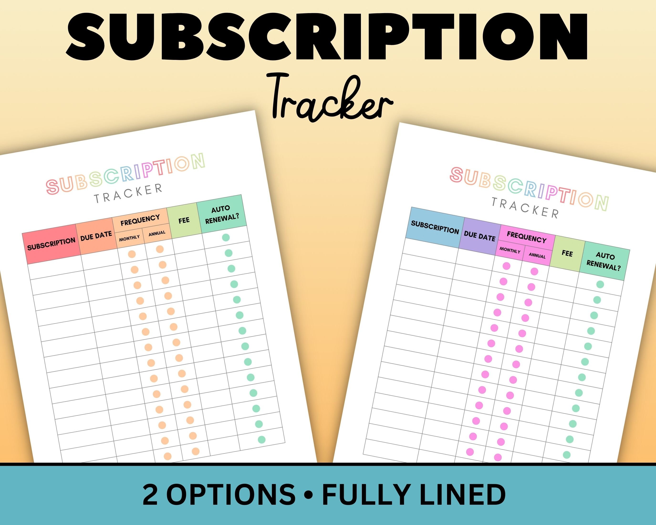 Subscription Tracker Printable, Membership Tracker, Subscription Log ...