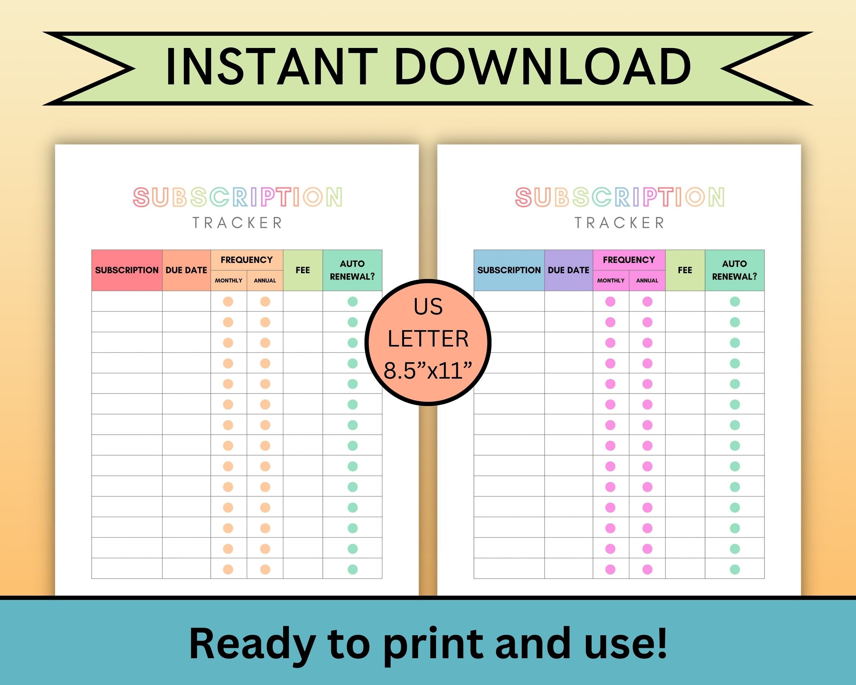 Subscription Tracker Printable, Membership Tracker, Subscription Log ...