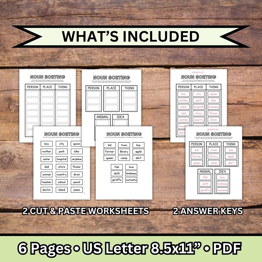 Nouns Sorting Worksheet, Nouns, Parts of Speech Worksheet, Cut and ...