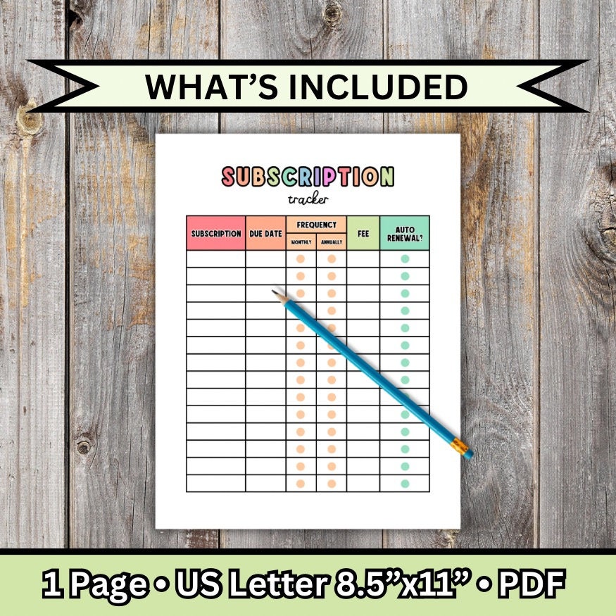 Subscription Tracker Printable, Membership Tracker, Subscription Log ...
