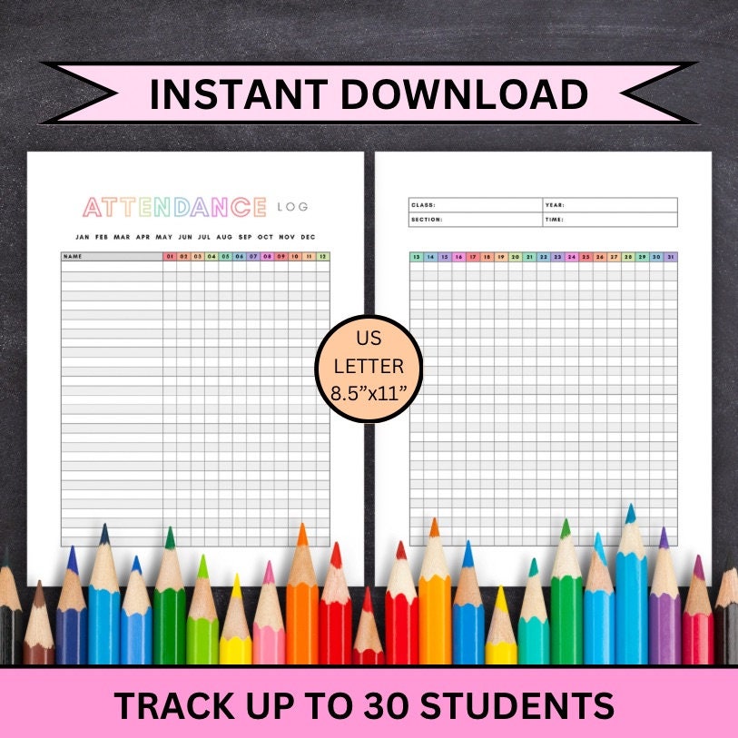 Attendance Sheet, Attendance Tracker, Attendance Log for 30 Students ...