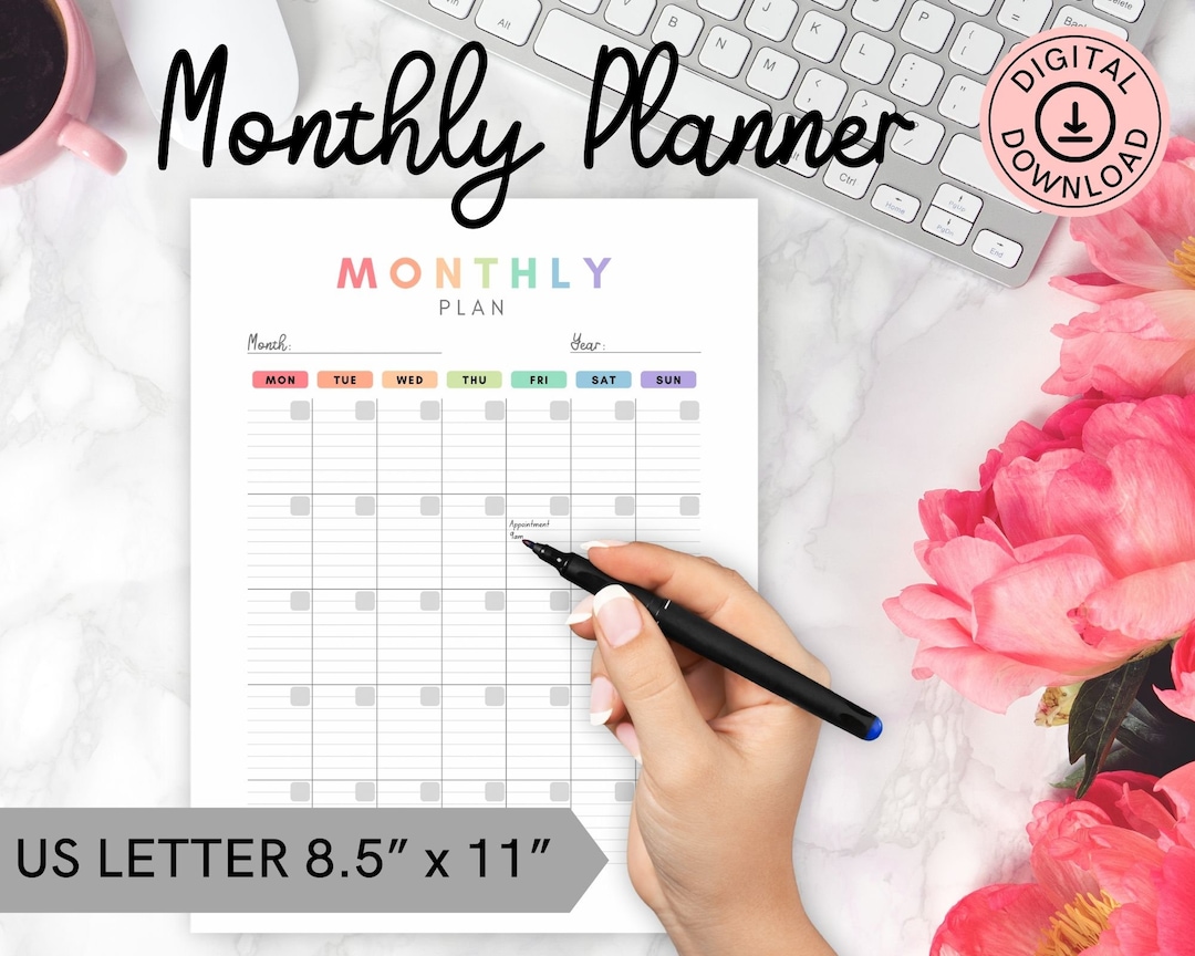Lined Monthly Planner Printable, Minimalist Planner, 12 Month Planner ...