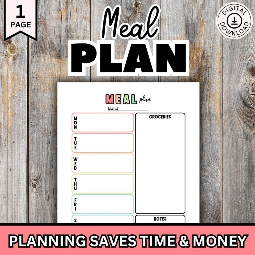 Weekly Meal Planner, Printable Meal Plan Page, Grocery List, Menu Plan ...