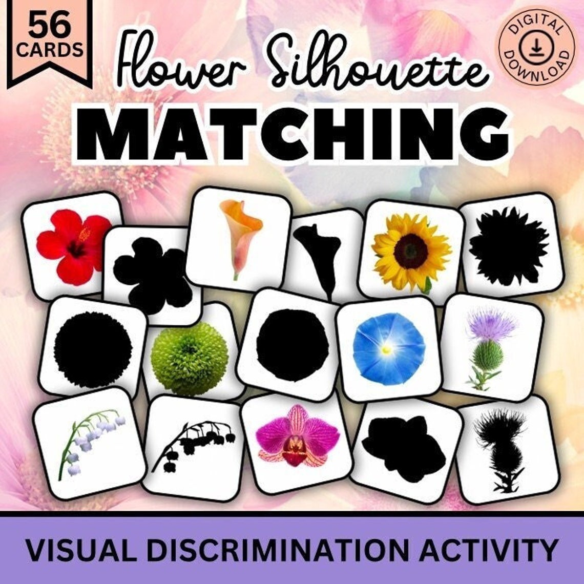 Flower Silhouette Matching Cards, Spring Card Game, Activity, Pattern ...