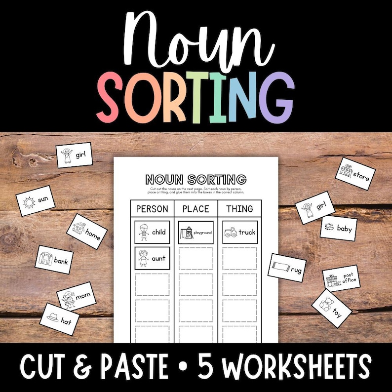 Nouns Sorting Worksheet, Cut and Paste Grammar Activity, Parts of ...